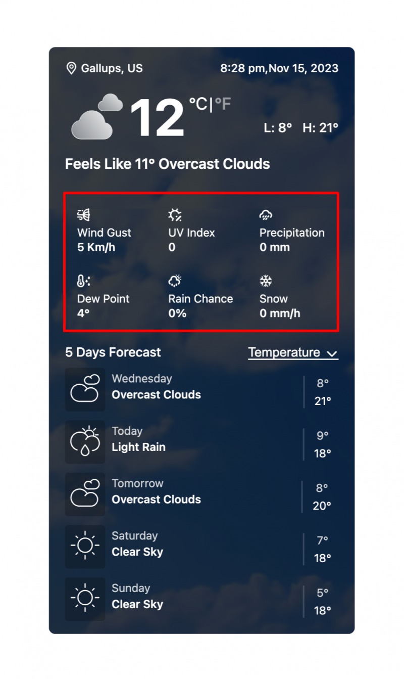 Weather Vertical Card – Location Weather Demos