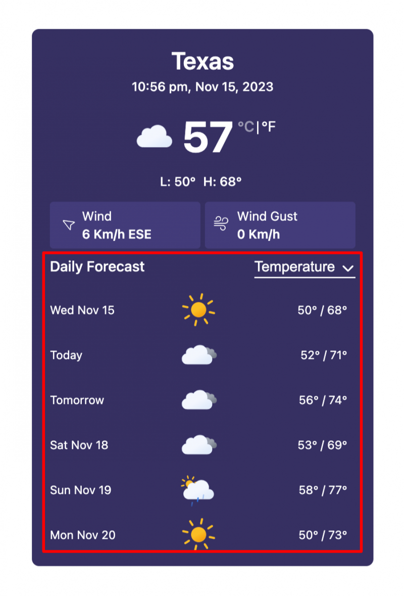 Weather Vertical Card – Location Weather Demos